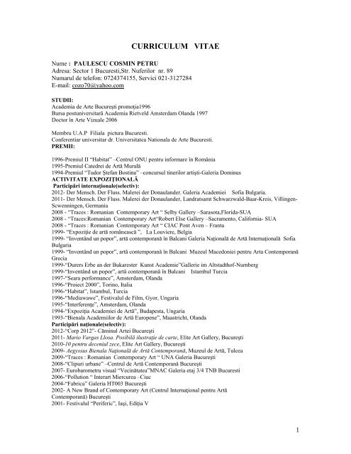 Exemplu CURRICULUM VITAE - Universitatea Naţională de Arte Exemplu CURRICULUM VITAE - Universitatea Naţională de Arte