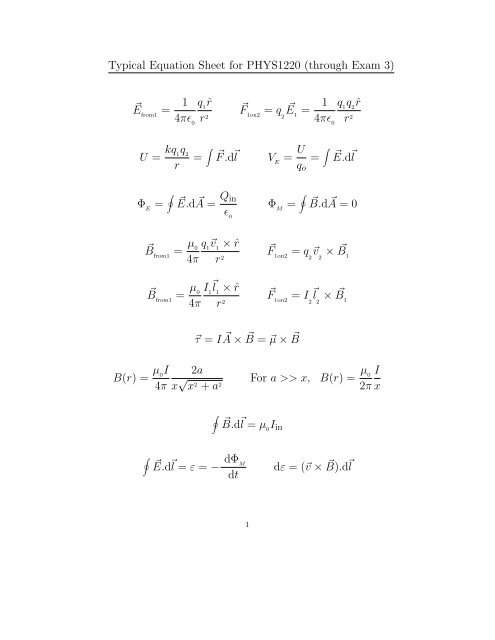 Typical Equation Sheet for PHYS1220 (through Exam 3) 1 4Ï Ïµ0 r2 ...