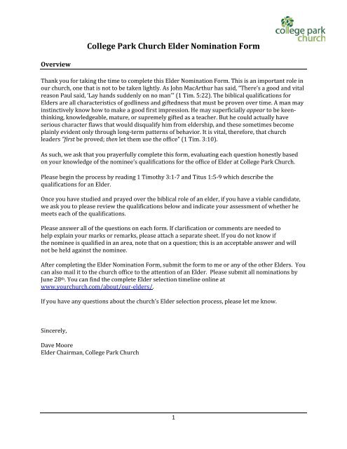 College Park Church Elder Nomination Form