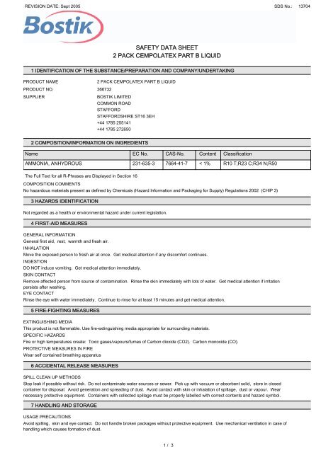 safety data sheet 2 pack cempolatex part b liquid - Travis Perkins