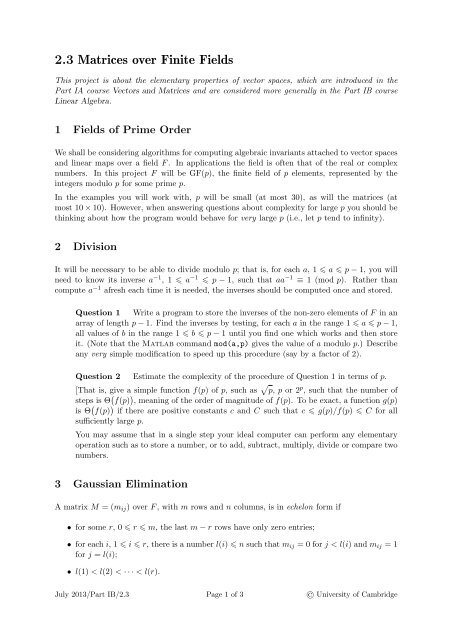 23 Matrices Over Finite Fields University Of Cambridge