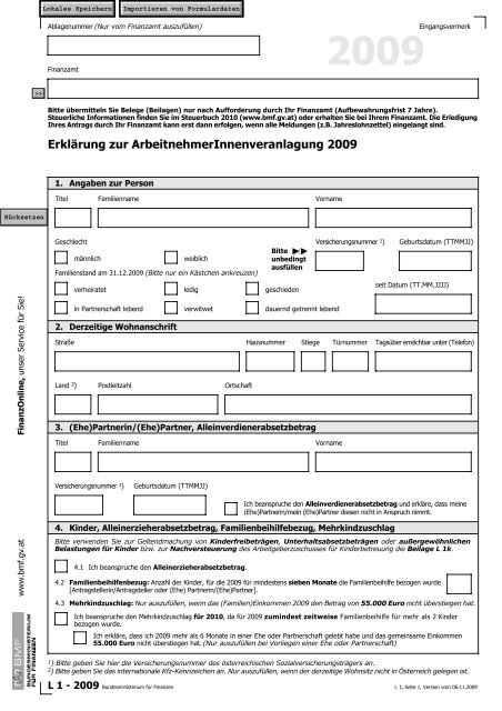 L1 - ErklÃ¤rung zur Arbeitnehmerveranlagung fÃ¼r 2009 ... - Formulare