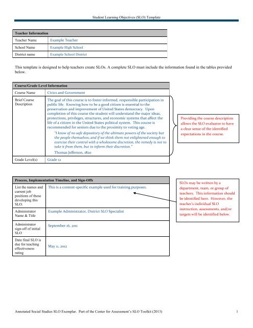 Annotated Social Studies SLO Example. - Center for Assessment