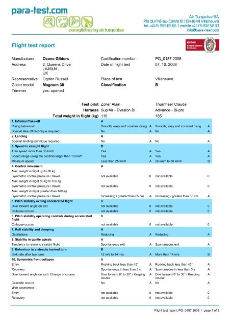 Flight test report - Free