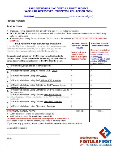 Vascular Access Type Utilization Collection Form - The Renal Network
