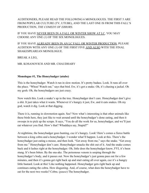 audition monologues - The Loomis Chaffee School