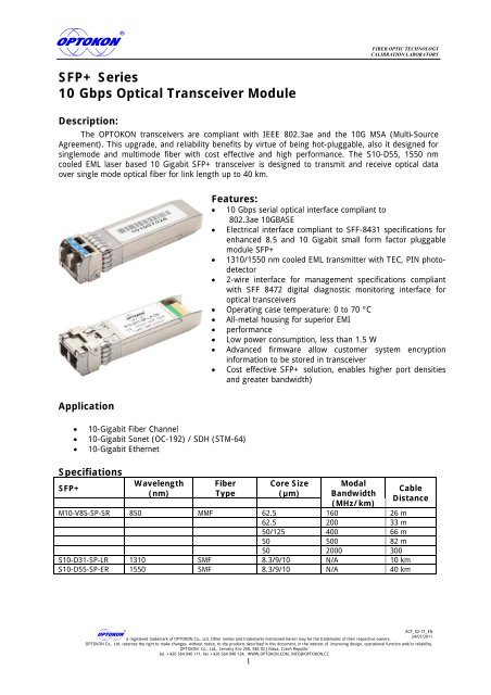 SFP+ Series 10 Gbps Optical Transceiver Module - OPTOKON as