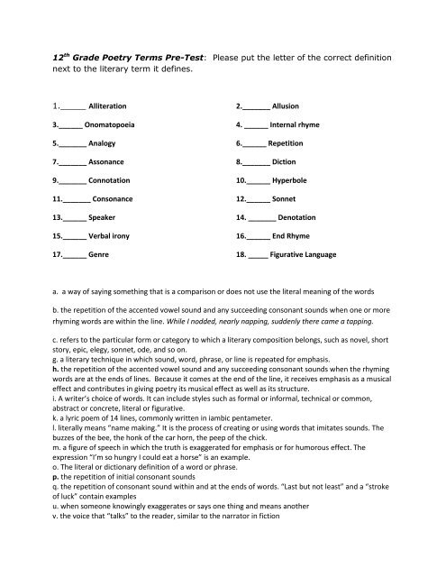 12th Grade Poetry Terms Pre-Test: Please put the letter of the ...