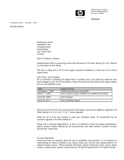 Customer letter (.PDF) - Hewlett-Packard