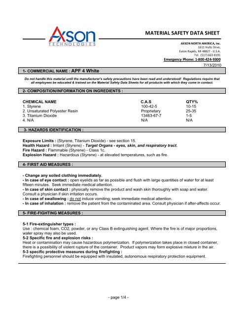 White Resin MSDS - Axson North America, Inc
