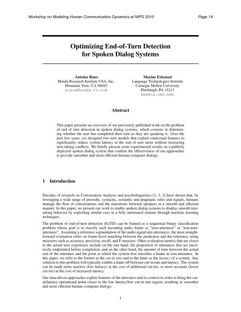 Optimizing End-of-Turn Detection for Spoken Dialog Systems