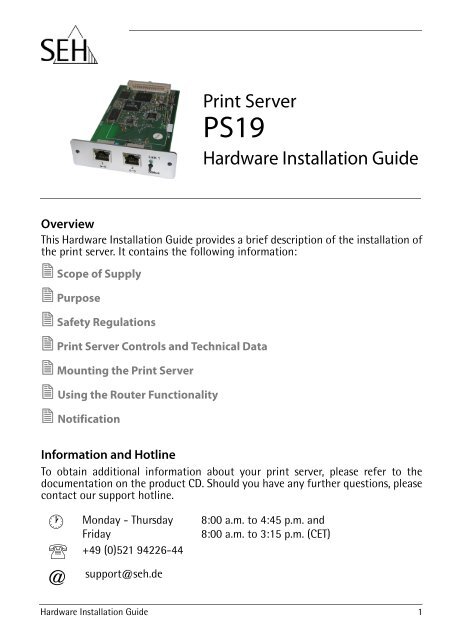 Hardware Installation Guide - PS19 - SEH Computertechnik GmbH