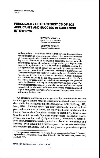 personality characteristics of job applicants and success in