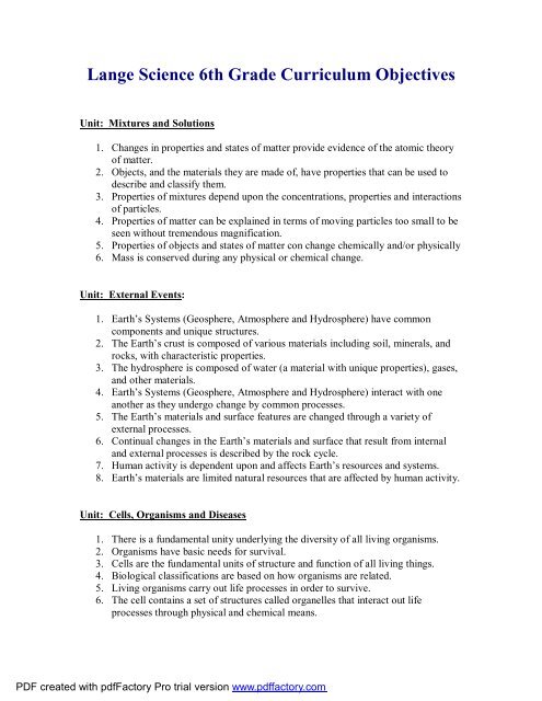 Sixth Grade Science Curriculum