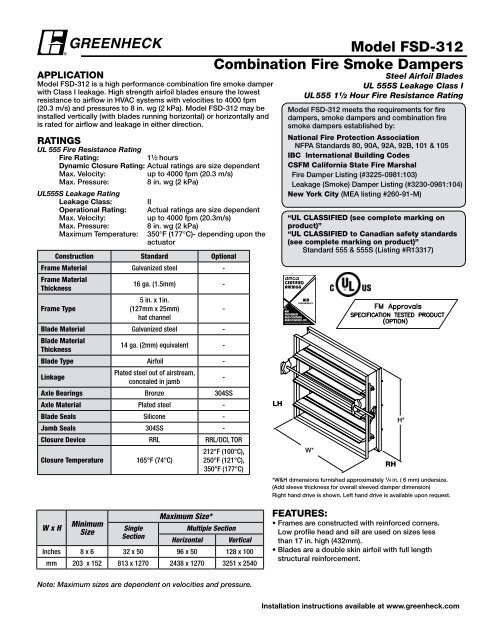 Model FsD-312 Combination Fire smoke Dampers - Greenheck