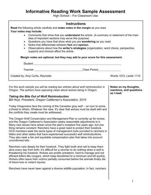 Informative Reading Work Sample Assessment