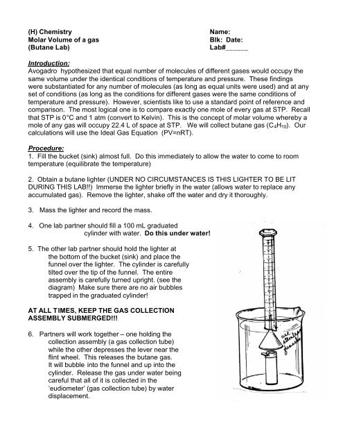 (H) Chemistry Name: Molar Volume of a gas Blk: Date: (Butane Lab ...