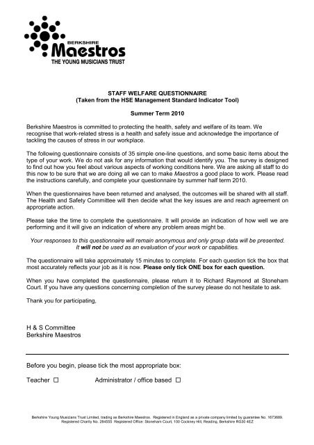 HSE management standards indicator tool - The Berkshire Maestros