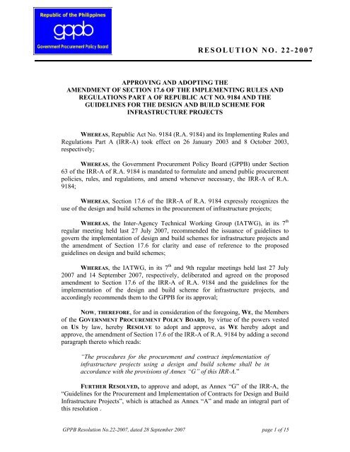 RESOLUTION NO. 22-2007 - GPPB