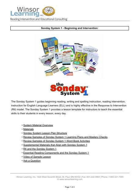 Sonday System 1 - Beginning and Intervention: - Winsor Learning, Inc.