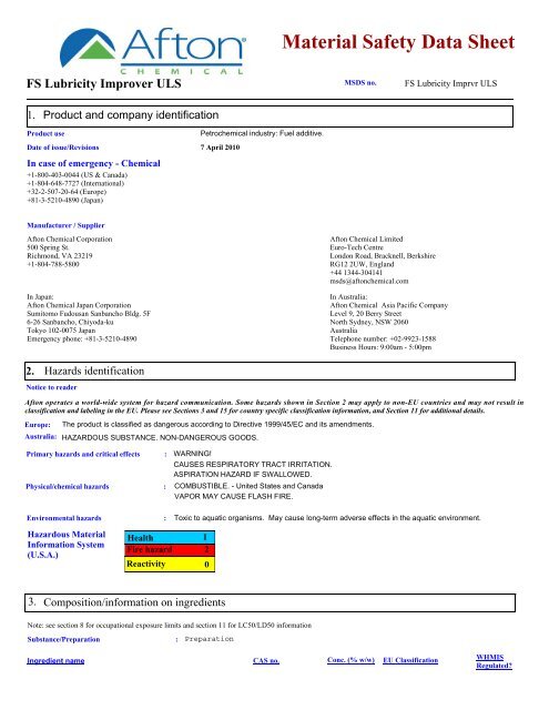 FS Lubricity Improver ULS MSDS - GoFurtherWithFS