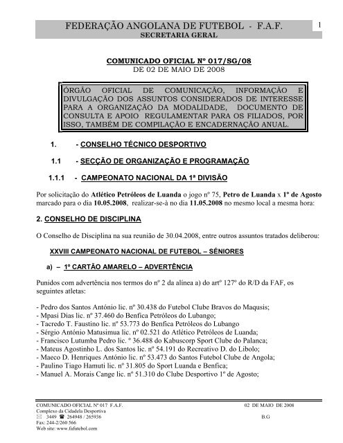 COMUNICADO OFICIAL Nº 017/SG/08