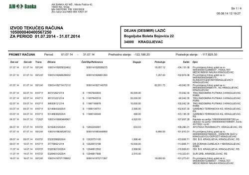 IZVOD TEKUĆEG RAČUNA 105000040400567250 ZA PERIOD 01.07.2014 - 31.07.2014
