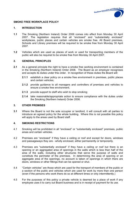 SMOKE FREE WORKPLACE POLICY 1. INTRODUCTION 1.1 The ...