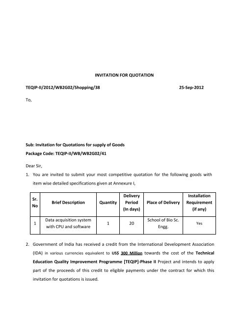 INVITATION FOR QUOTATION - TEQIP Phase II