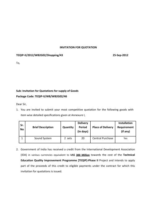 INVITATION FOR QUOTATION - TEQIP Phase II