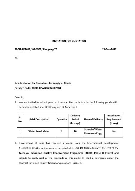 INVITATION FOR QUOTATION - TEQIP Phase II