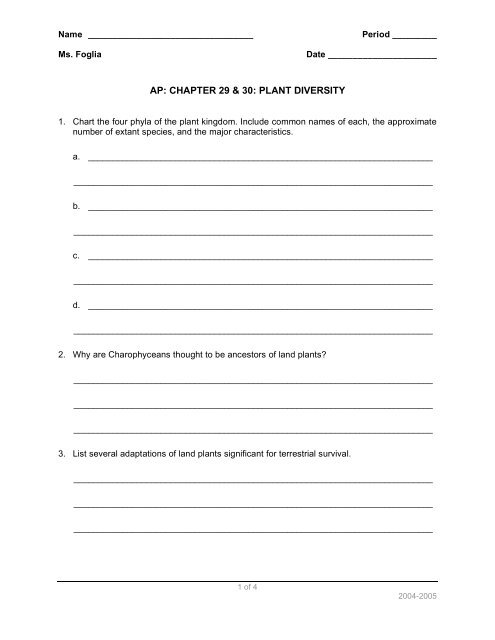 AP: CHAPTER 29 & 30: PLANT DIVERSITY - Explore Biology