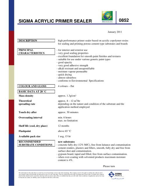 SIGMA ACRYLIC PRIMER SEALER 0852 - SIGMA PAINTS