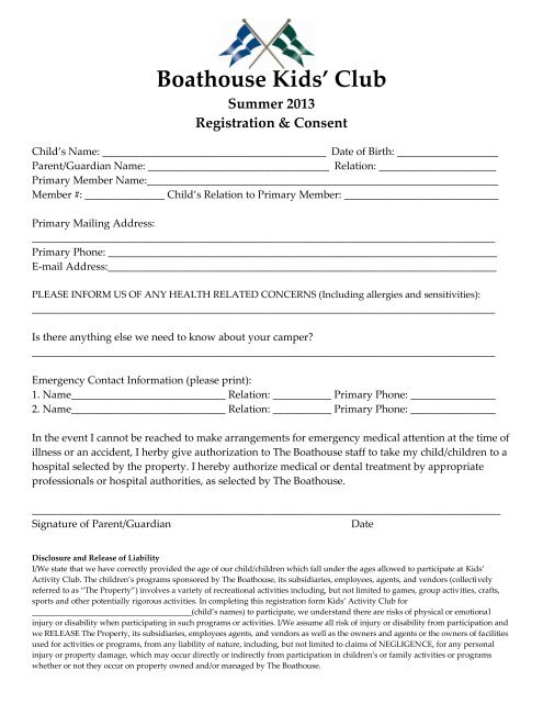 to download the 2013 Kids' Club Registration Form ... - The Boathouse