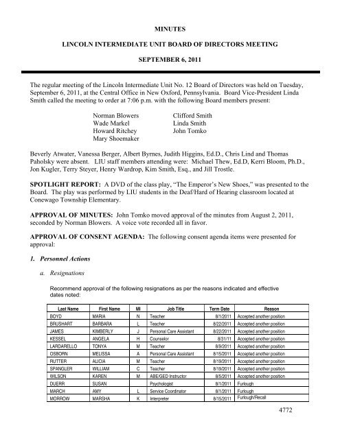MINUTES LINCOLN INTERMEDIATE UNIT BOARD OF ...