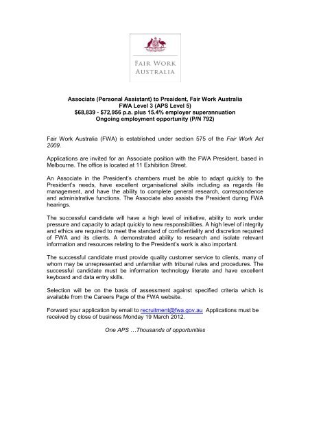 Associate (Personal Assistant) to President, Fair Work Australia FWA ...