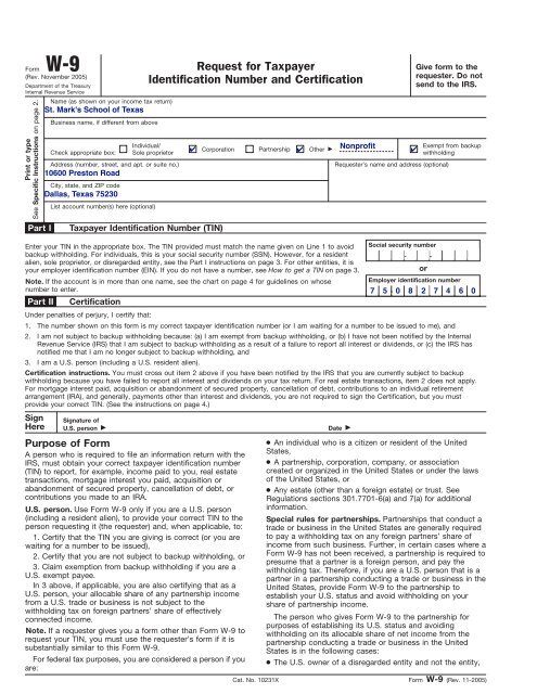 Form W-9 (Rev. November 2005) - St. Mark's School of Texas