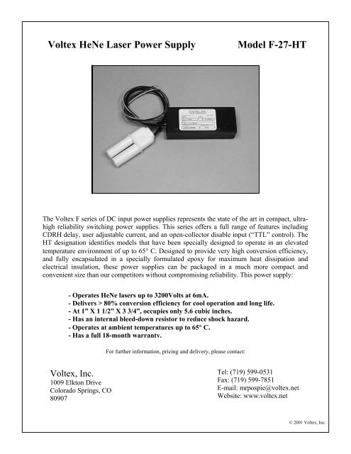 Voltex HeNe Laser Power Supply Model F-27-HT - Laser Lines Ltd.
