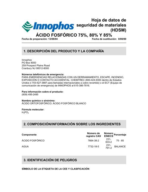 Ã CIDO FOSFÃ RICO 75%, 80% Y 85% - Innophos