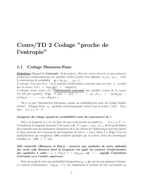 Cours/TD 2 Codage â proche de l'entropieâ