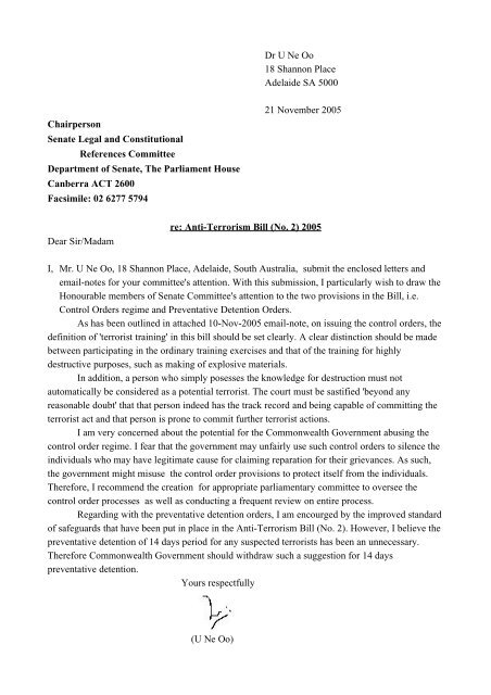 Letter to Chairperson of Senate Legal and Constitutional Committee.