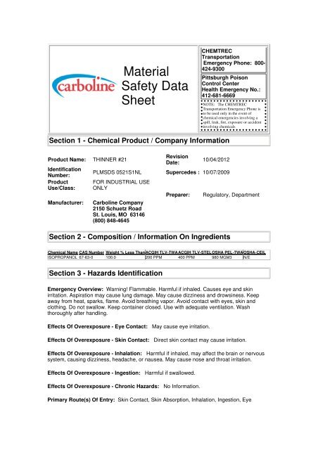 Thinner 21 MSDS - Carboline