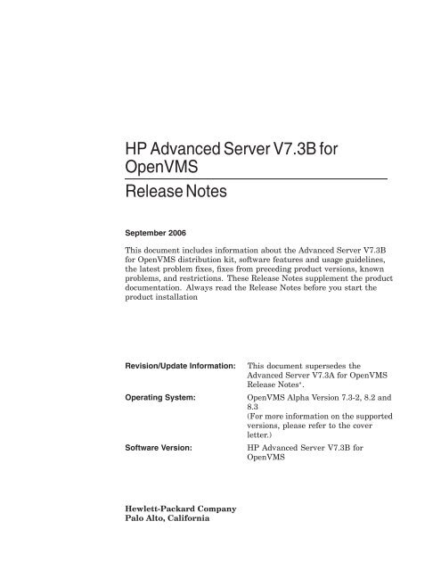 HP Advanced Server V7.3B for OpenVMS Release Notes