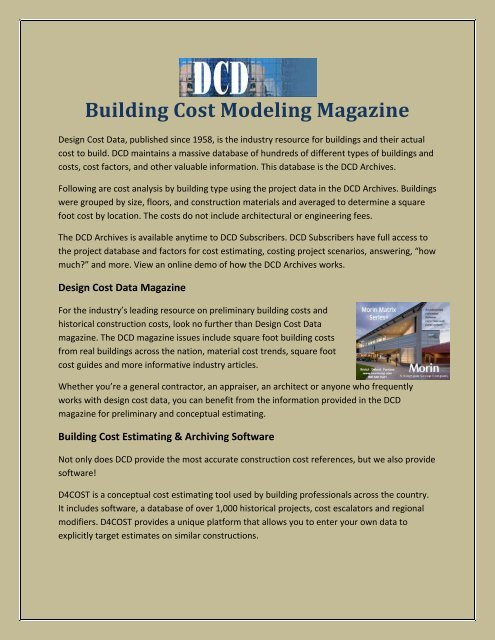 Building Cost Modeling Magazine