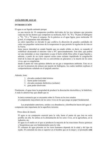 ANÃ LISIS DE AGUAS INTRODUCCIÃ N El agua es un lÃ­quido ...