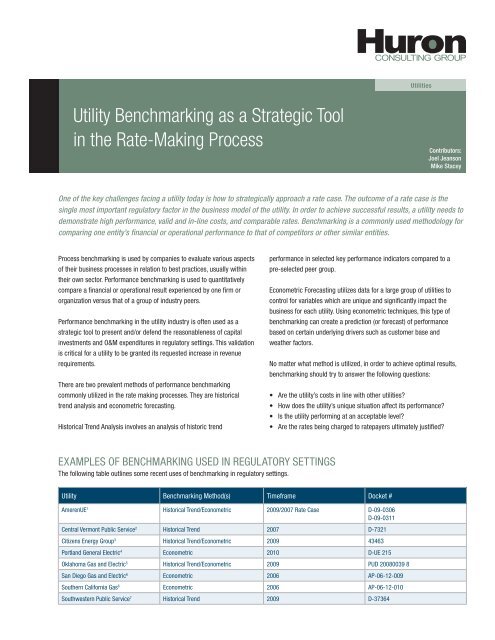 Utility Benchmarking as a Strategic Tool in the Rate-Making Process