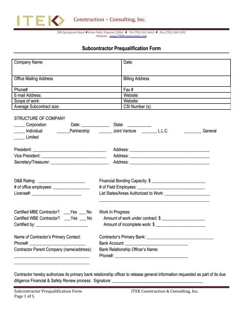 Subcontractor Prequalification Form ... - ITEK Construction
