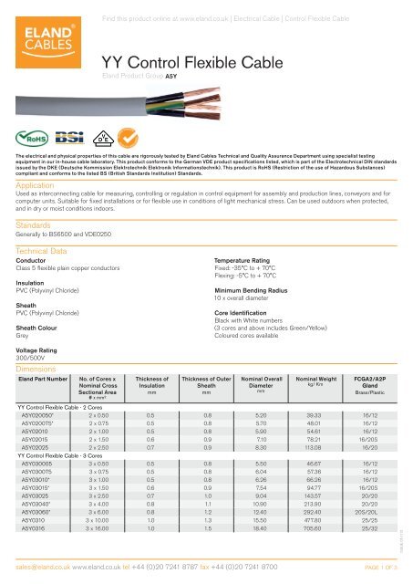 YY Control Flexible Cable - Eland Cables