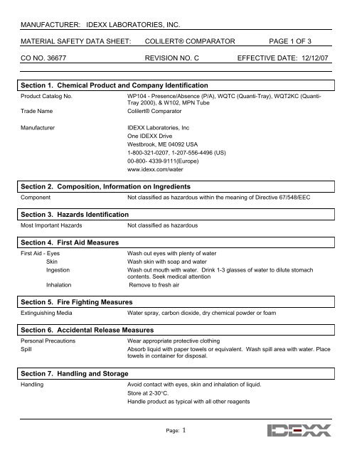 Colilert Comparator MSDS - Weber Scientific