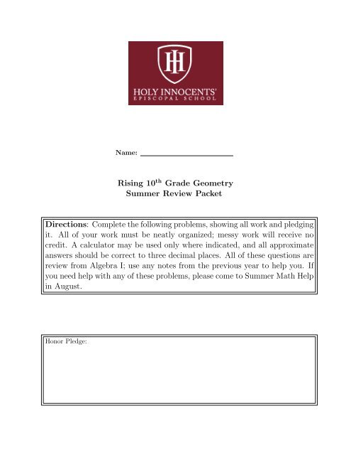 Rising 10th Grade Geometry Summer Review Packet Directions ...